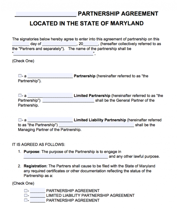 Printable Free Maryland Partnership Agreement Template Pdf Word It ...