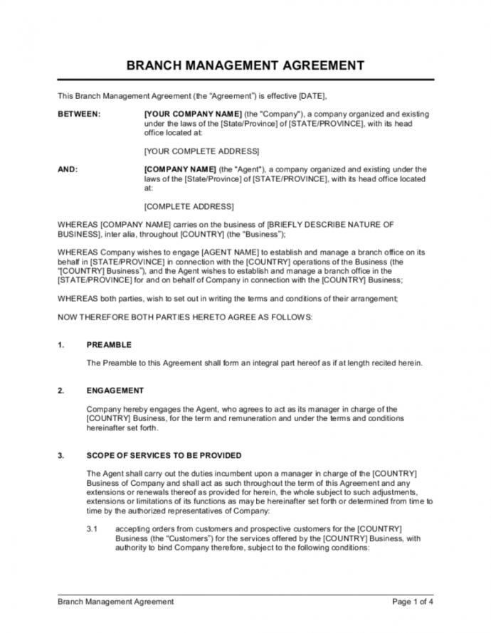 Sample Branch Management Agreement To Establish & Manage Template ...