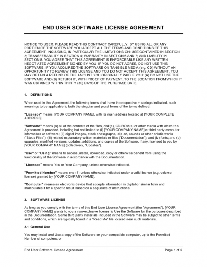 Sample Enduser Software License Agreement B2C Template End User License ...