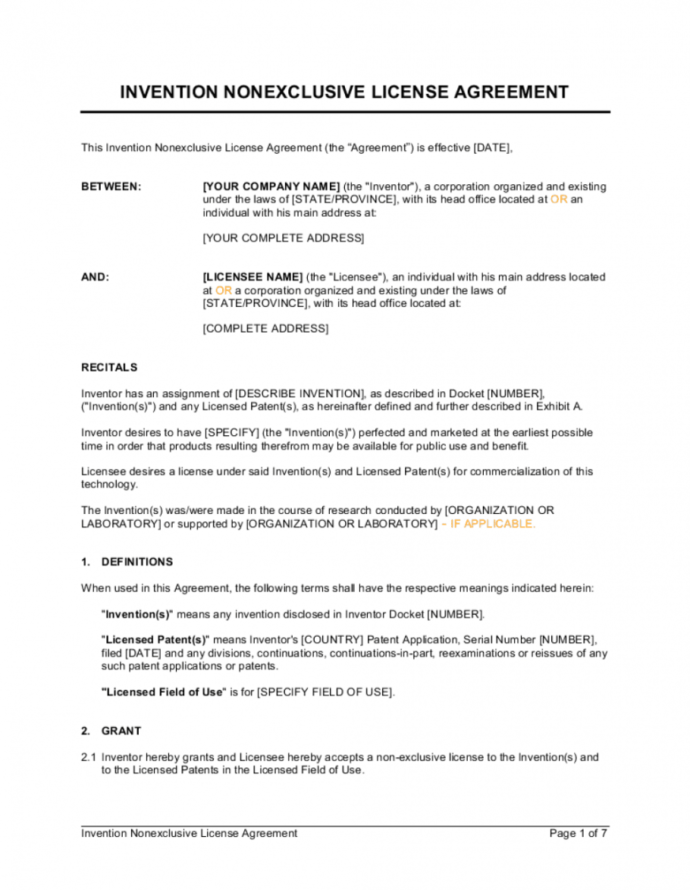 Sample Invention Nonexclusive License Agreement Template Non Exclusive ...
