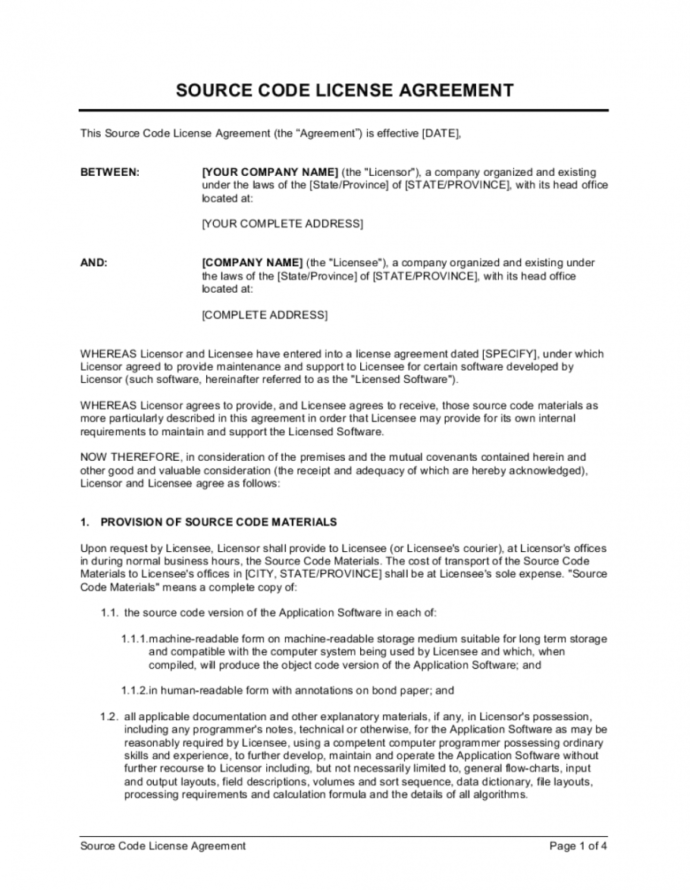 Source Code License Agreement Short Form Template Source Code License Agreement Template Sample