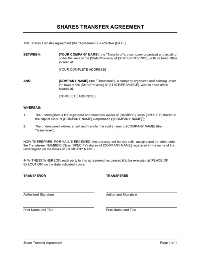Printable Shares Transfer Agreement Short Template Businessinabox ...