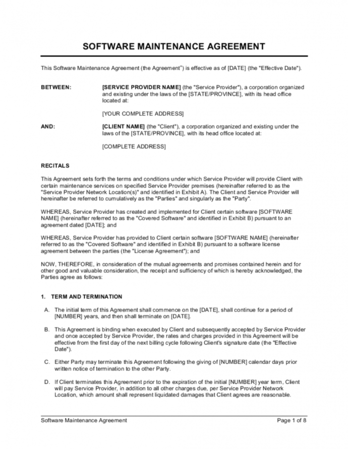 Printable Software Maintenance Agreement Template Businessinabox ...