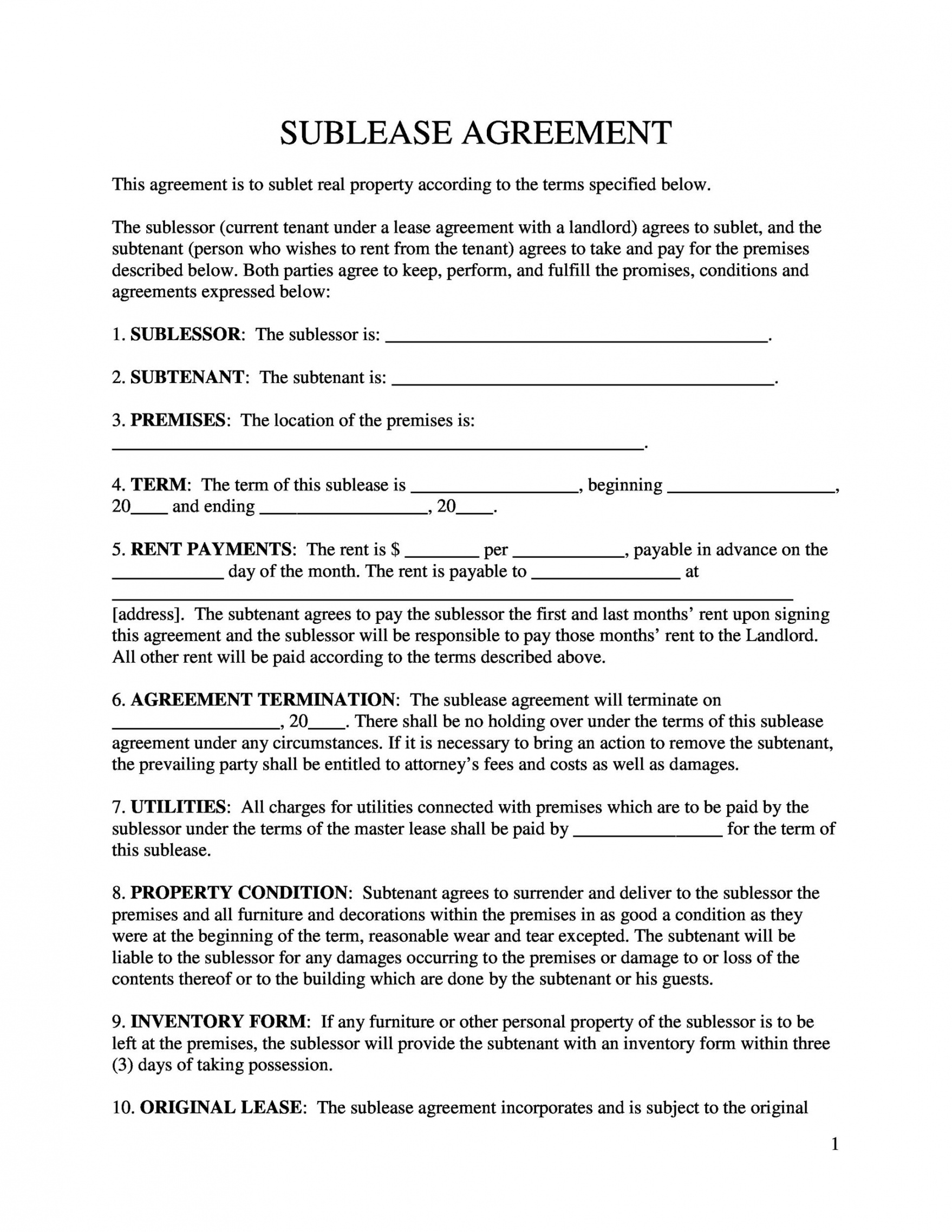 Sample 40 Professional Sublease Agreement Templates Forms Room 