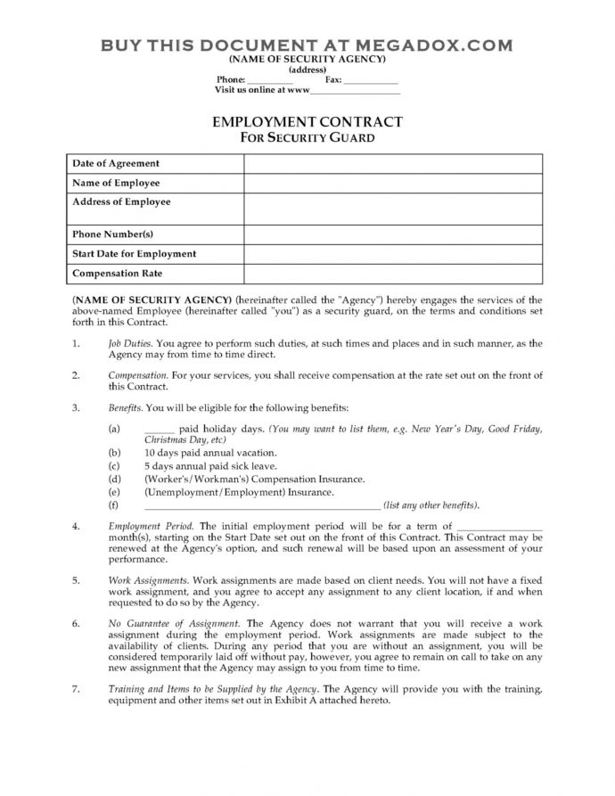 Printable Security Guard Employment Contract Security Guard Contract ...
