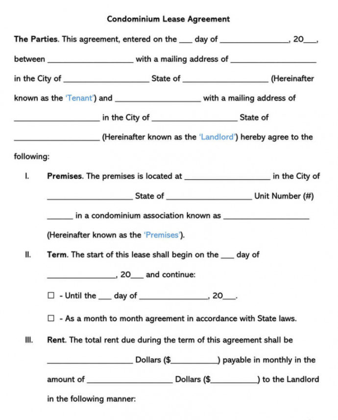 Editable Free Condominium Condo Lease Agreement Templates By State ...