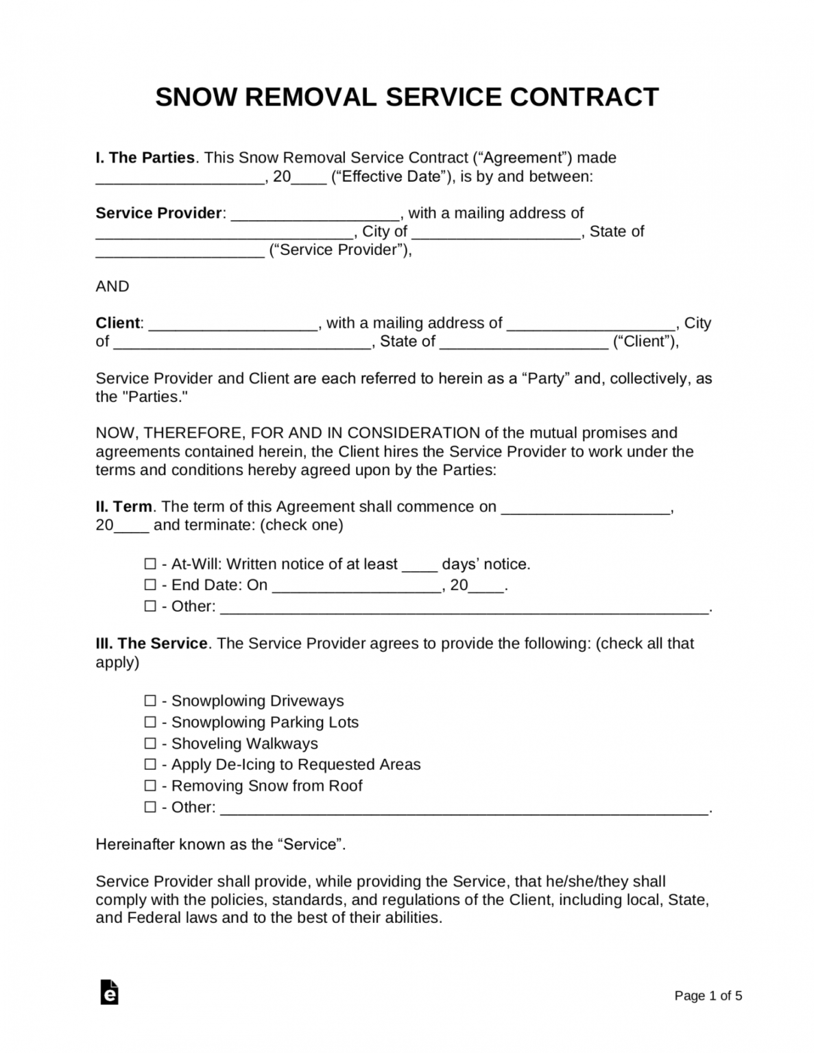 Free Printable Simple Snow Removal Contract Template Printable Word 