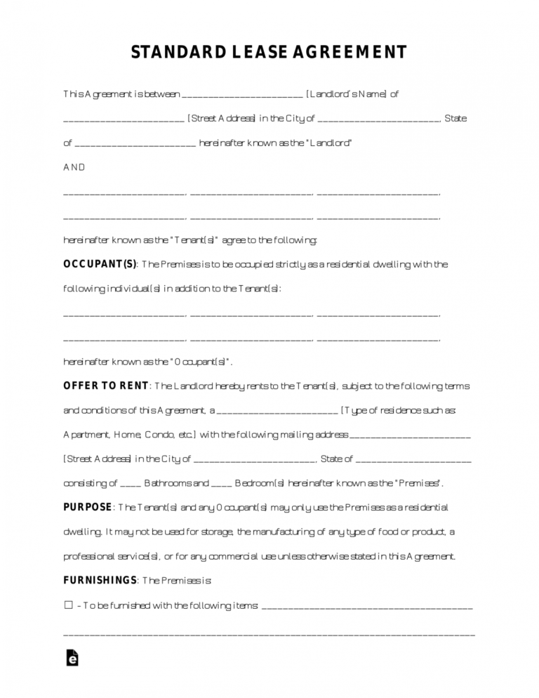 Editable Free Standard Residential Lease Agreement Template Pdf 