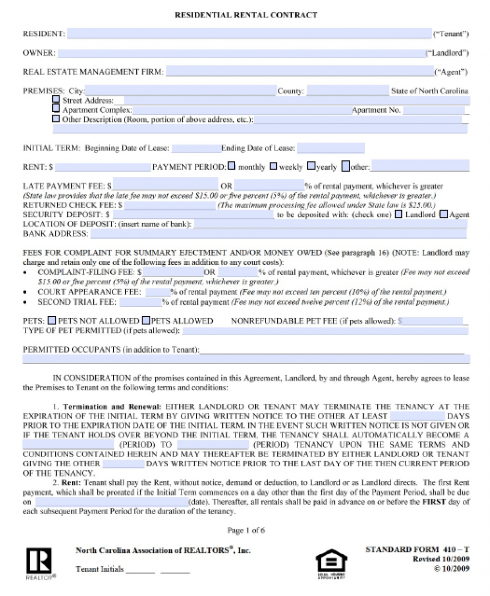 Free Free North Carolina Standard Residential Lease Agreement Rental 