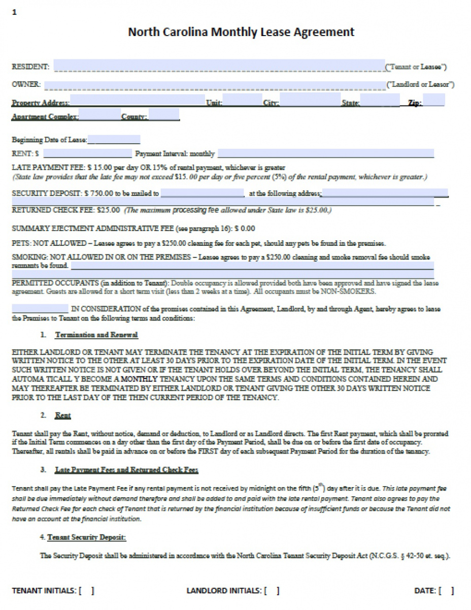 Free North Carolina Monthtomonth Lease Agreement Template Rental 