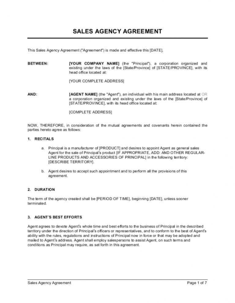 Exclusive Representation Agreement Template