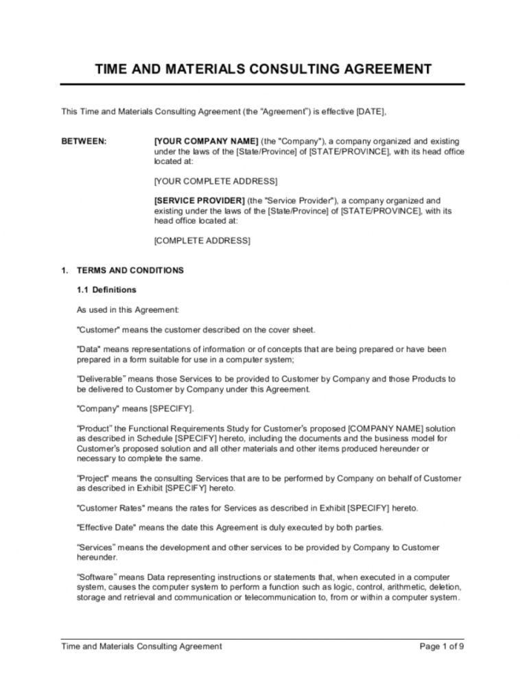 Printable Time And Materials Consulting Agreement Template Time And ...
