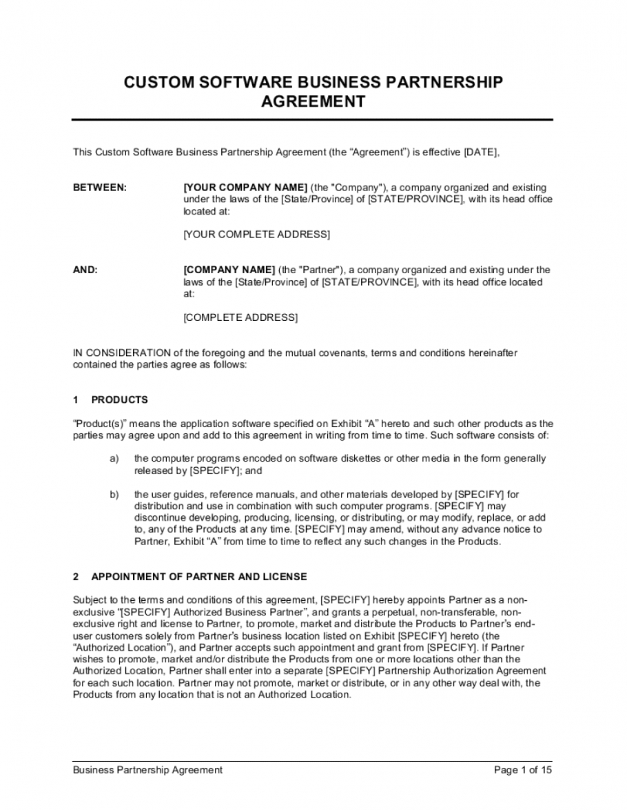 Sample Custom Software Business Partnership Agreement Template Business