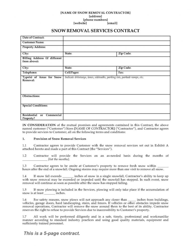 Snow Removal Contract Form Snow Removal Agreement Template Sample ...