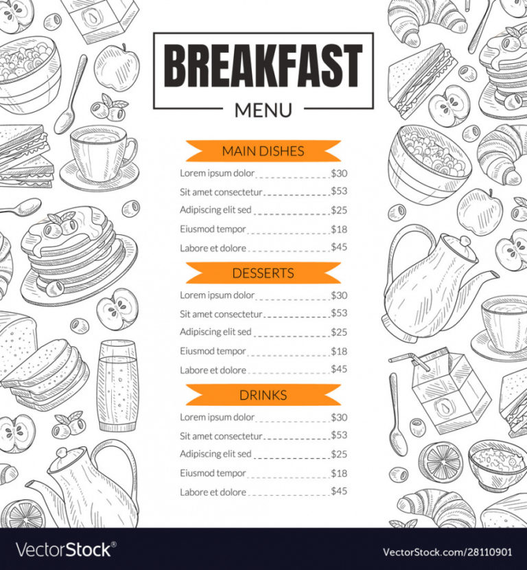 Printable Breakfast Menu Template Design For Restaurant Breakfast Menu ...