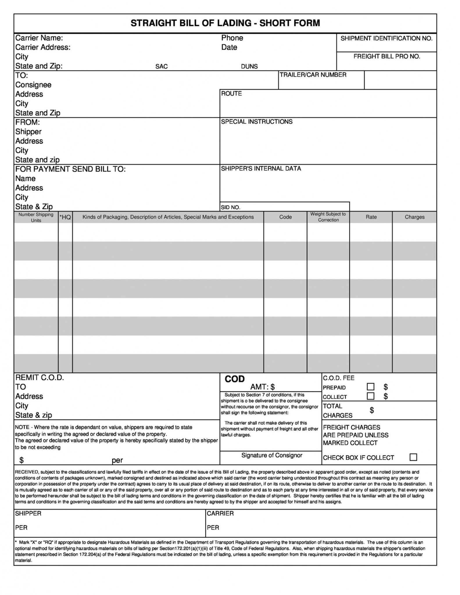 Sample 40 Free Bill Of Lading Forms & Templates ᐅ Templatelab Bill Of ...