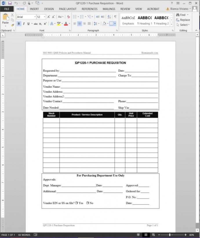 Sample Purchase Requisition Iso Template Qp12201 Purchasing Requisition ...