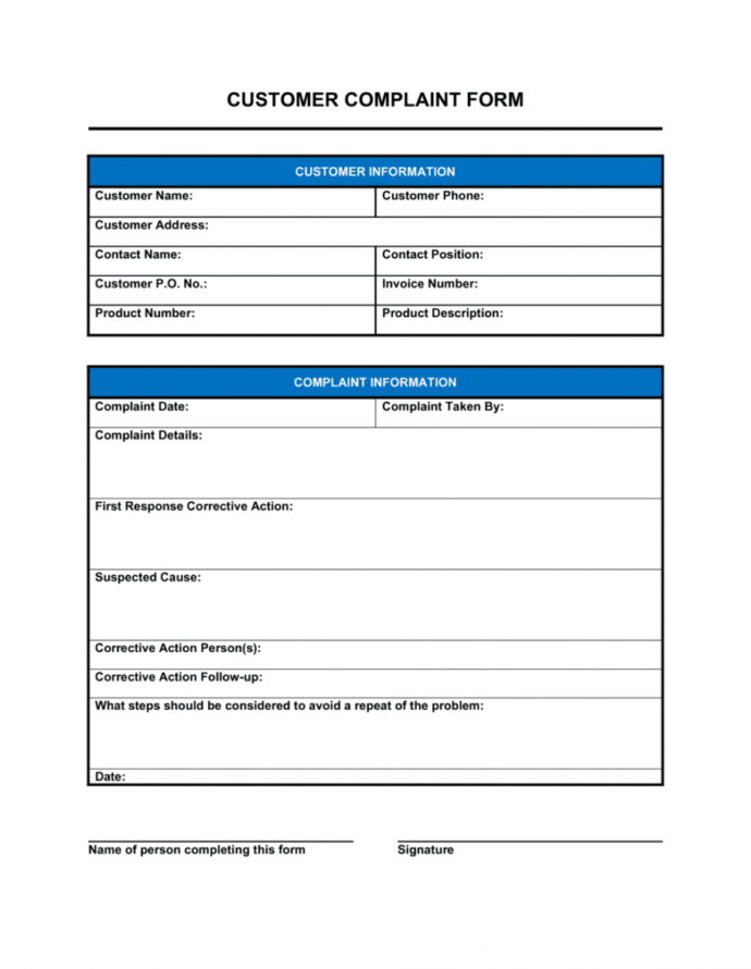 Customer Complaint Form Template