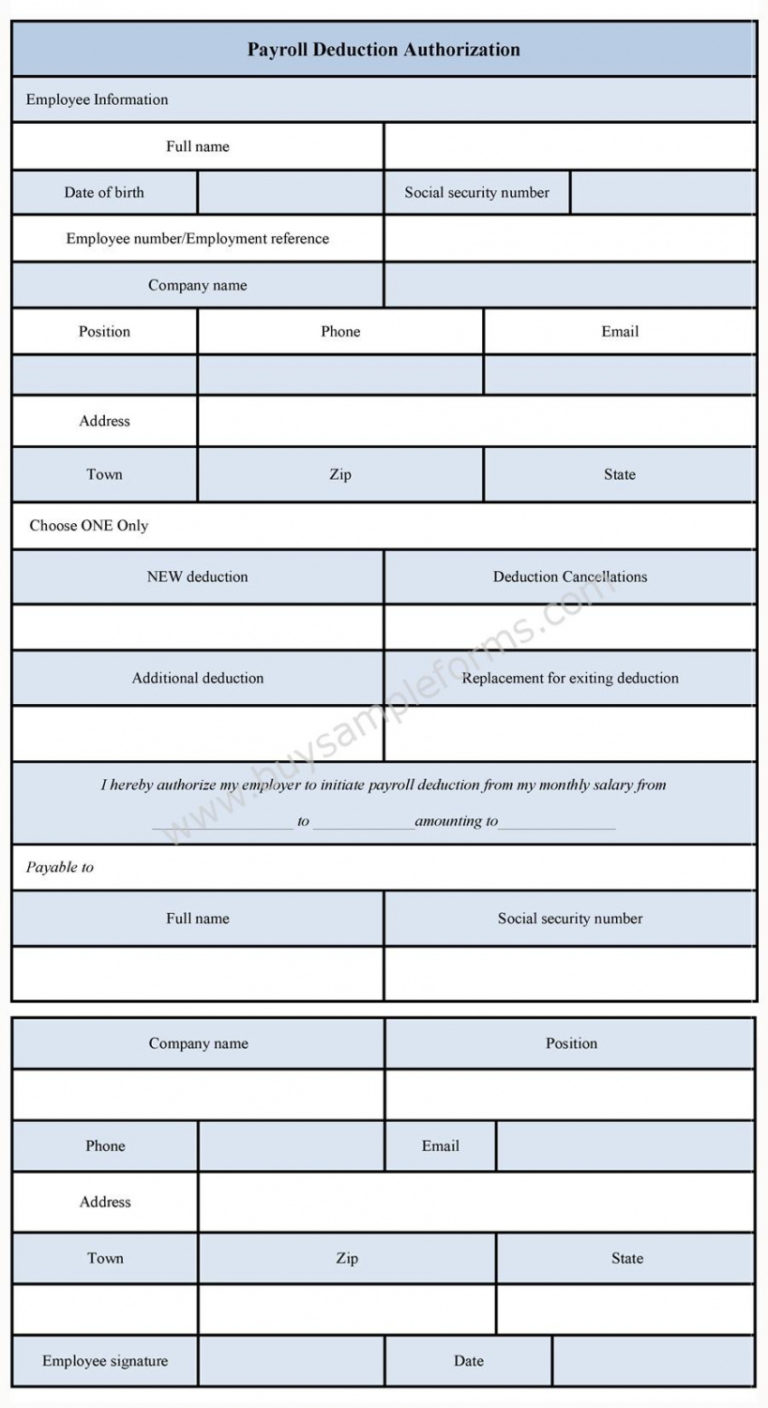 Printable Payroll Deduction Authorization Form Sample Forms Employee ...
