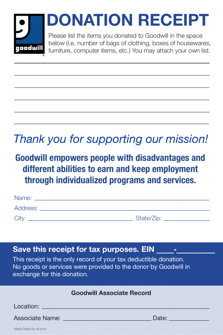 Printable Free Goodwill Donation Receipt Template Pdf Eforms Clothing ...