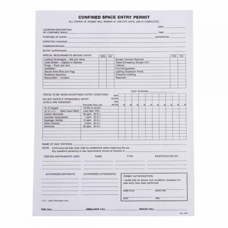 Sample Confined Space Entry Permits Confined Space Entry Form Template ...