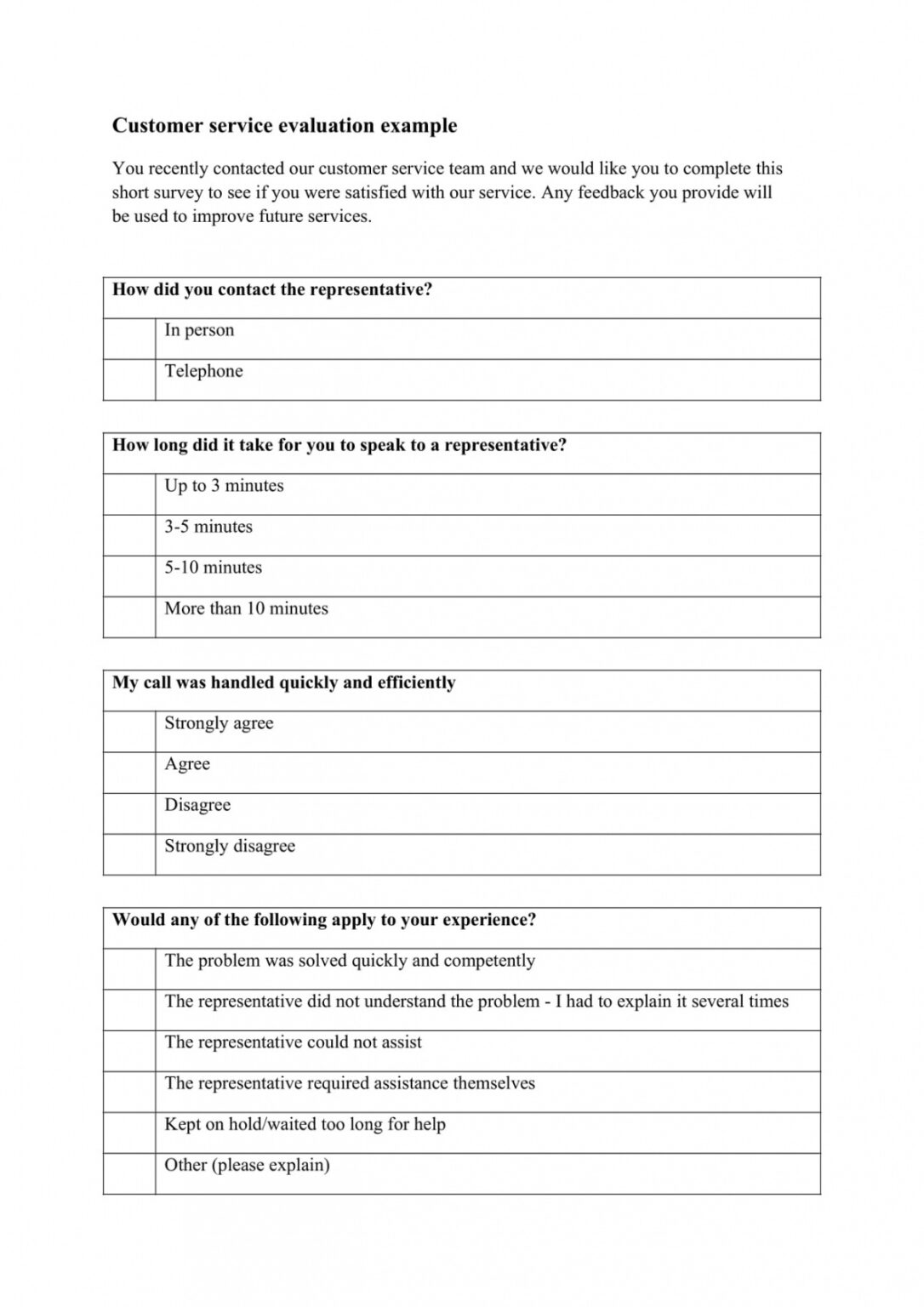 Sample Customer Service Evaluation Checklist Template Sample Customer ...