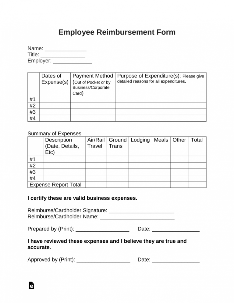 Printable Free Employee Reimbursement Form Pdf Word Eforms ...