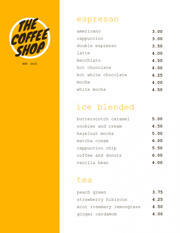 Sample Coffee Shop Menu Template Coffee Shop Menu Template ...