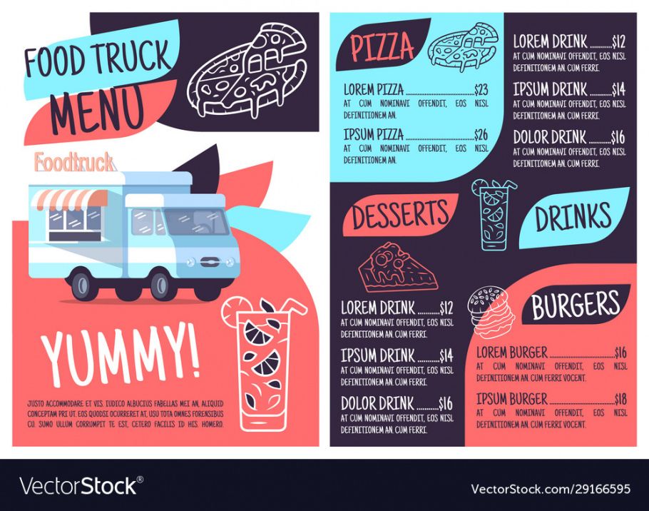 Sample Food Truck Menu Template Print Design With Flat Vector Image Sample Food Truck Menu Template Print Design With Flat Vector Image