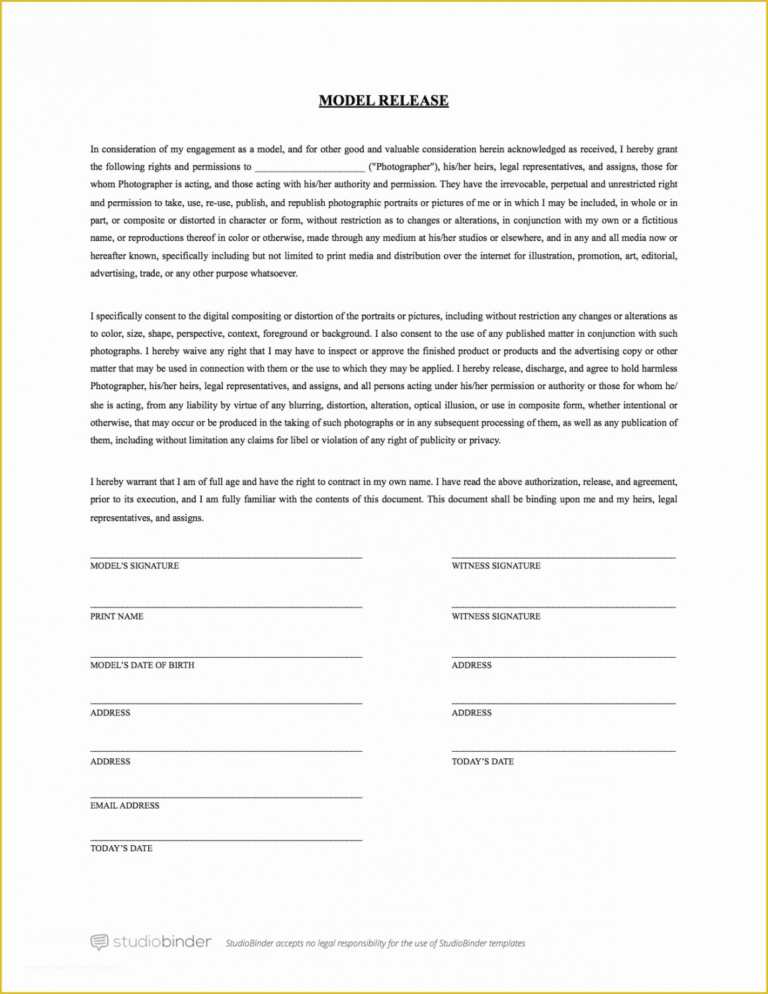 Printable Generic Model Release Form Template PDF Sample ...