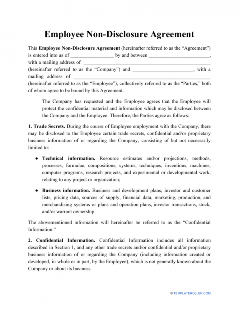 Non Disclosure Form Template PDF Example | Minasinternational
