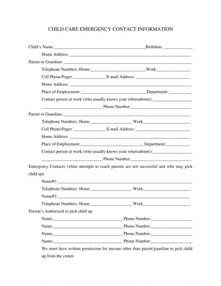 Costum Daycare Emergency Contact Form Template Doc Sample ...