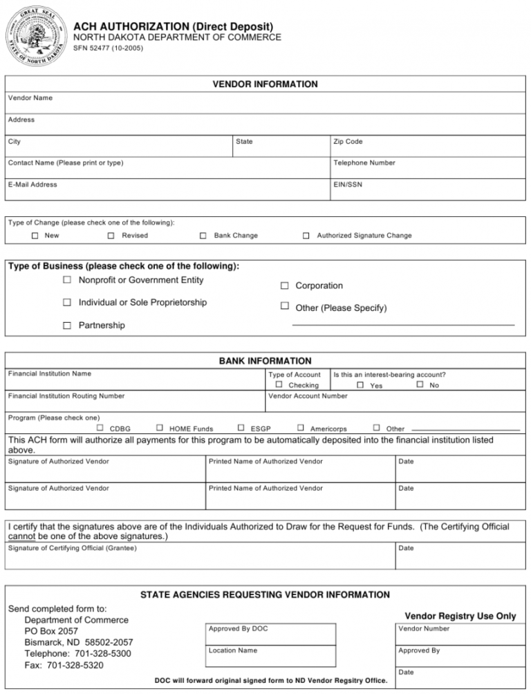 Vendor Direct Deposit Authorization Form Template