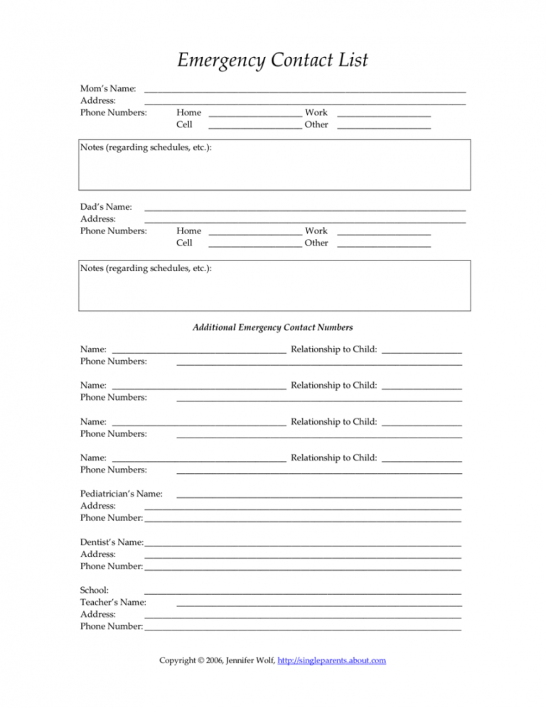 Printable Employee Emergency Contact Form Template