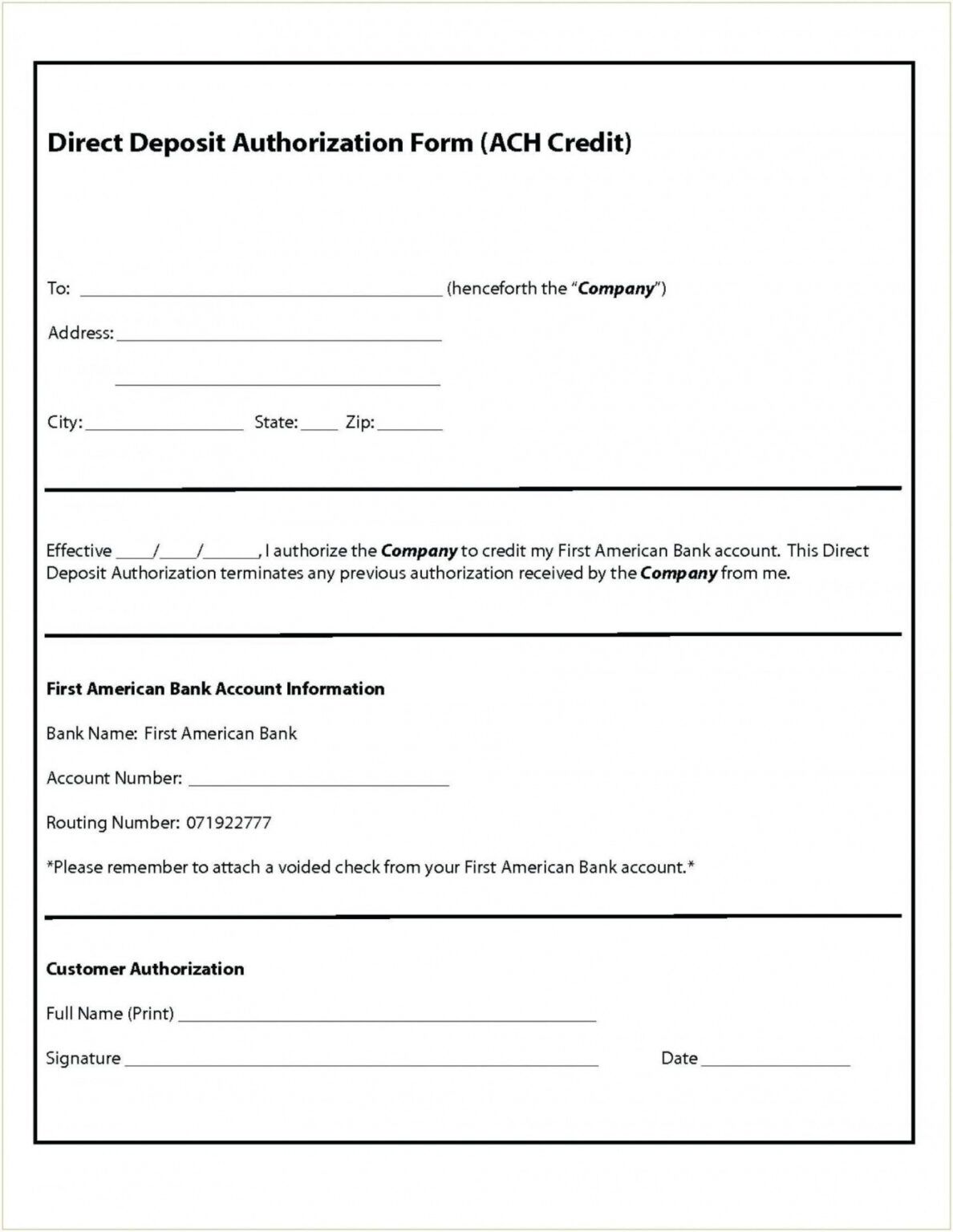 Editable Employee Direct Deposit Authorization Form Template ...