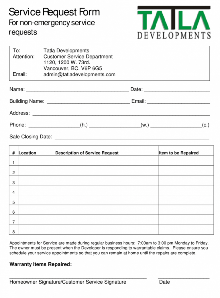 Maintenance Request Form Template For Vehicles
