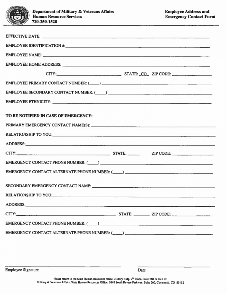 Printable Employee Emergency Contact Form Template Excel Sample ...
