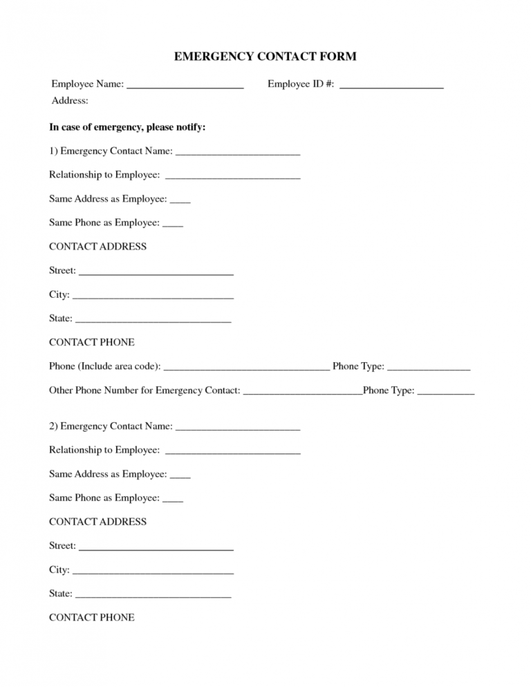 Printable Medical Emergency Contact Form Template Doc Sample ...