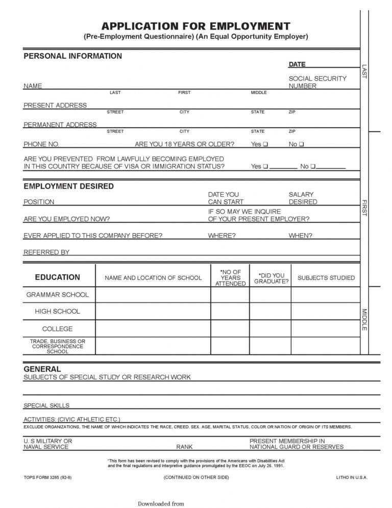 Standard Job Application Form Template