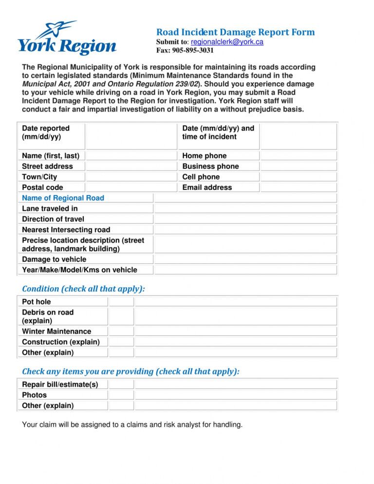 Costum Vehicle Property Incident Report Form Template Doc Example ...