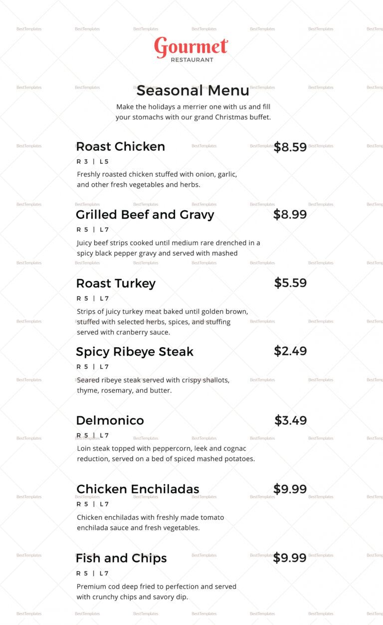 Restaurant Menu Empty Menu Template PDF Sample | Minasinternational