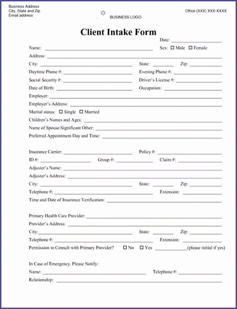 Free Client Intake Form Counselling Template Word | Minasinternational