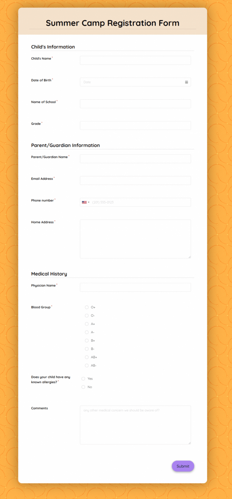 Printable Summer Camp Registration Form Template Example ...
