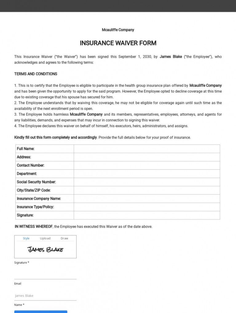 Health Insurance Waiver Form Template