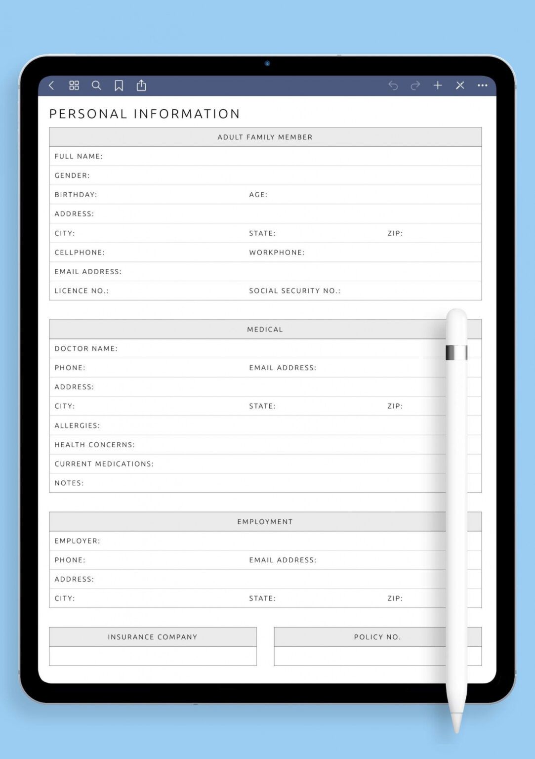 Printable Personal Data Collection Form Template PDF | Minasinternational