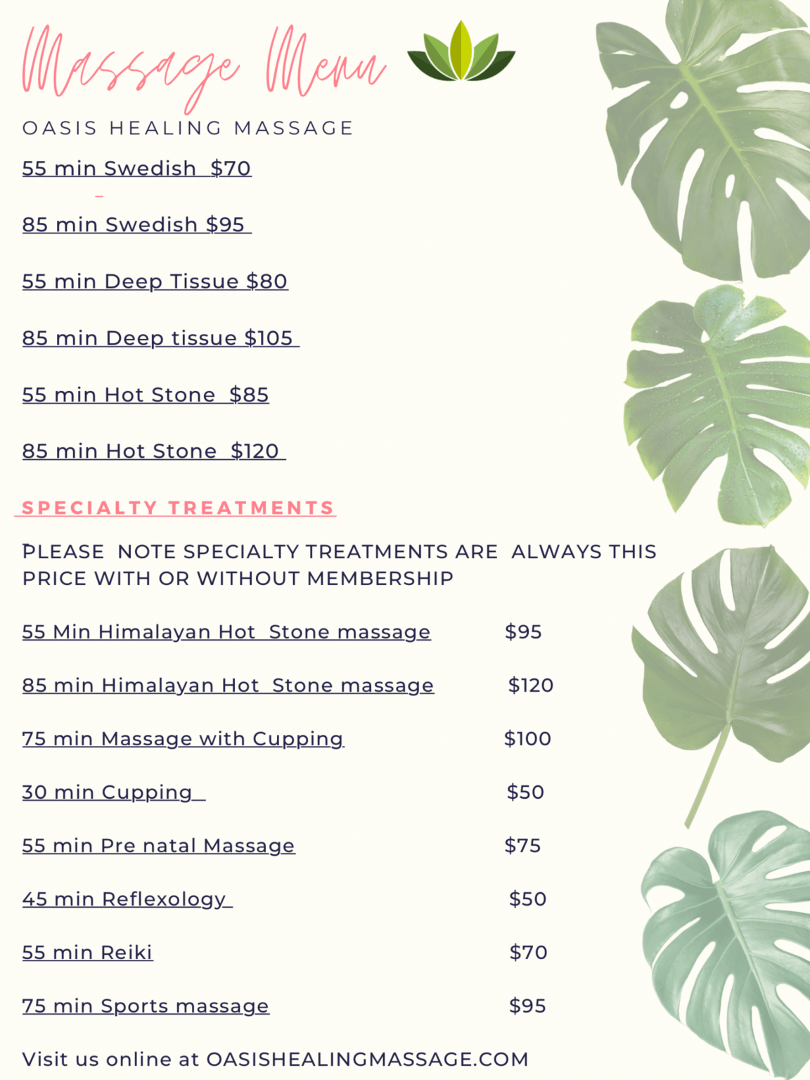 Printable Massage Therapy Menu Of Services Template Sample ...