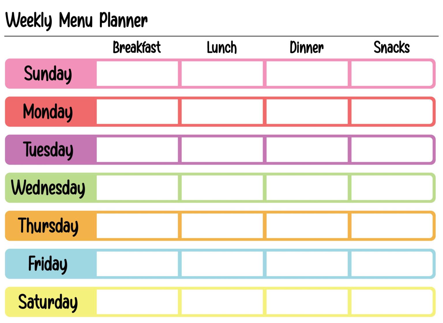 4 Week Cycle Menu Template