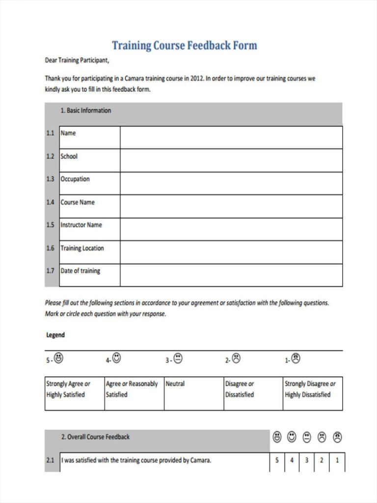 Best Training Course Feedback Form Template Excel | Minasinternational
