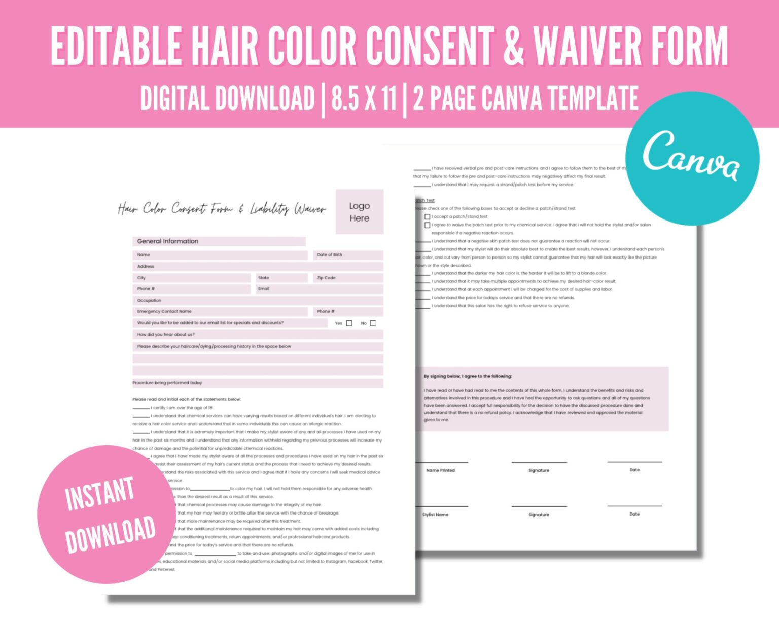 Printable Hair Color Consent Form Template PDF | Minasinternational