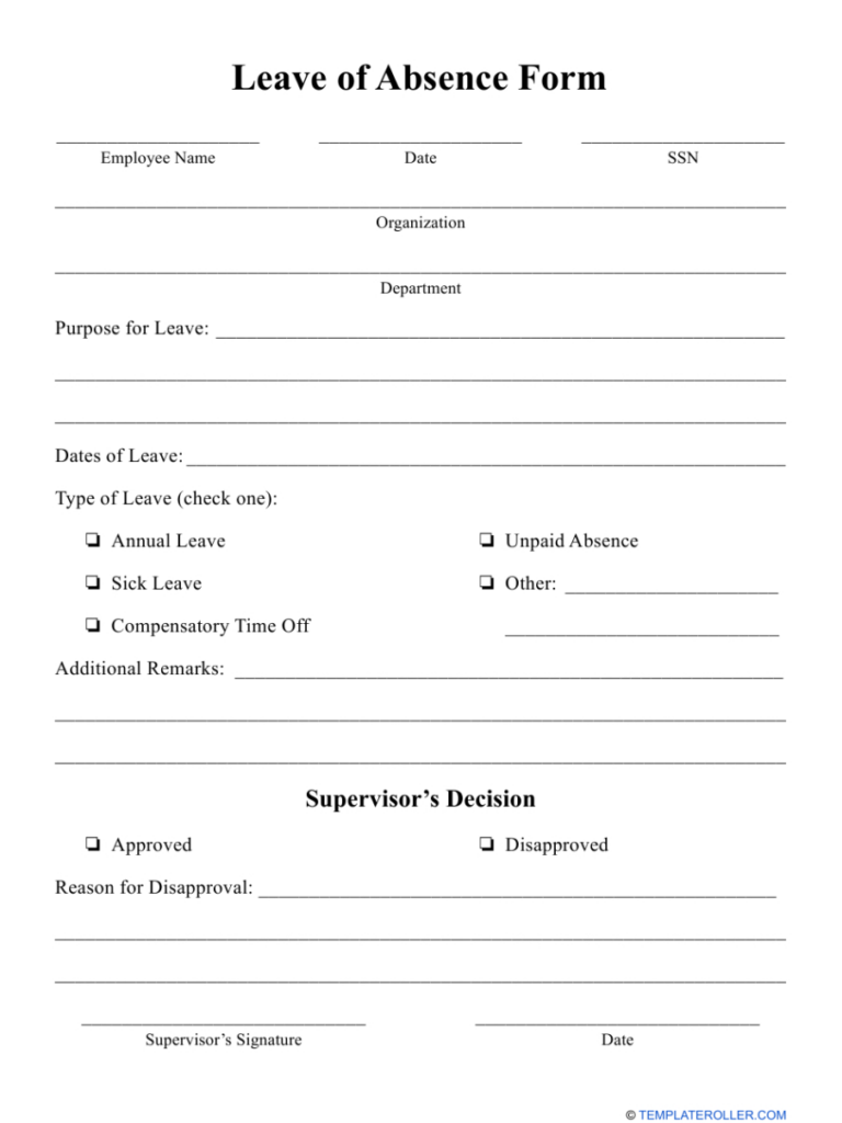 Free Printable Employee Leave Of Absence Form Template Doc ...